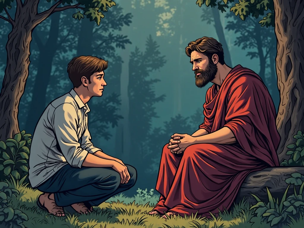 A comic-style scene showing a powerful interaction: a modern young man ...