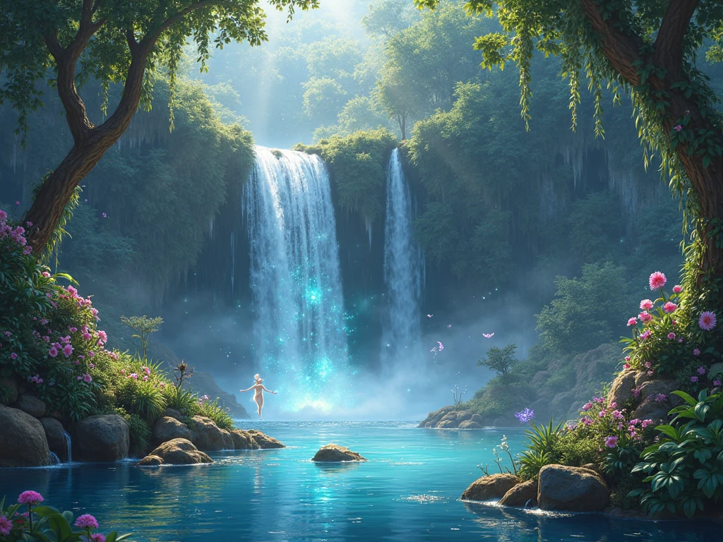 A magical waterfall surrounded with fantasy forest, beautiful colors ...