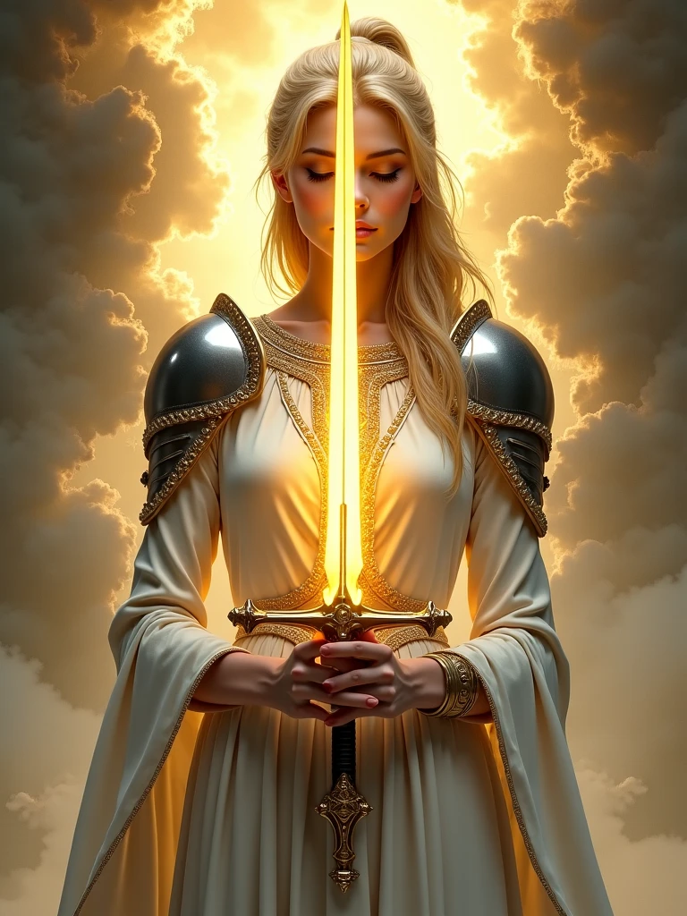 A beautiful blonde female knight with a high ponytail, wearing a ...