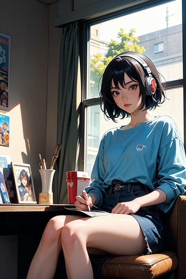 Anime girl sitting by the window listening to music, comic book panel ...
