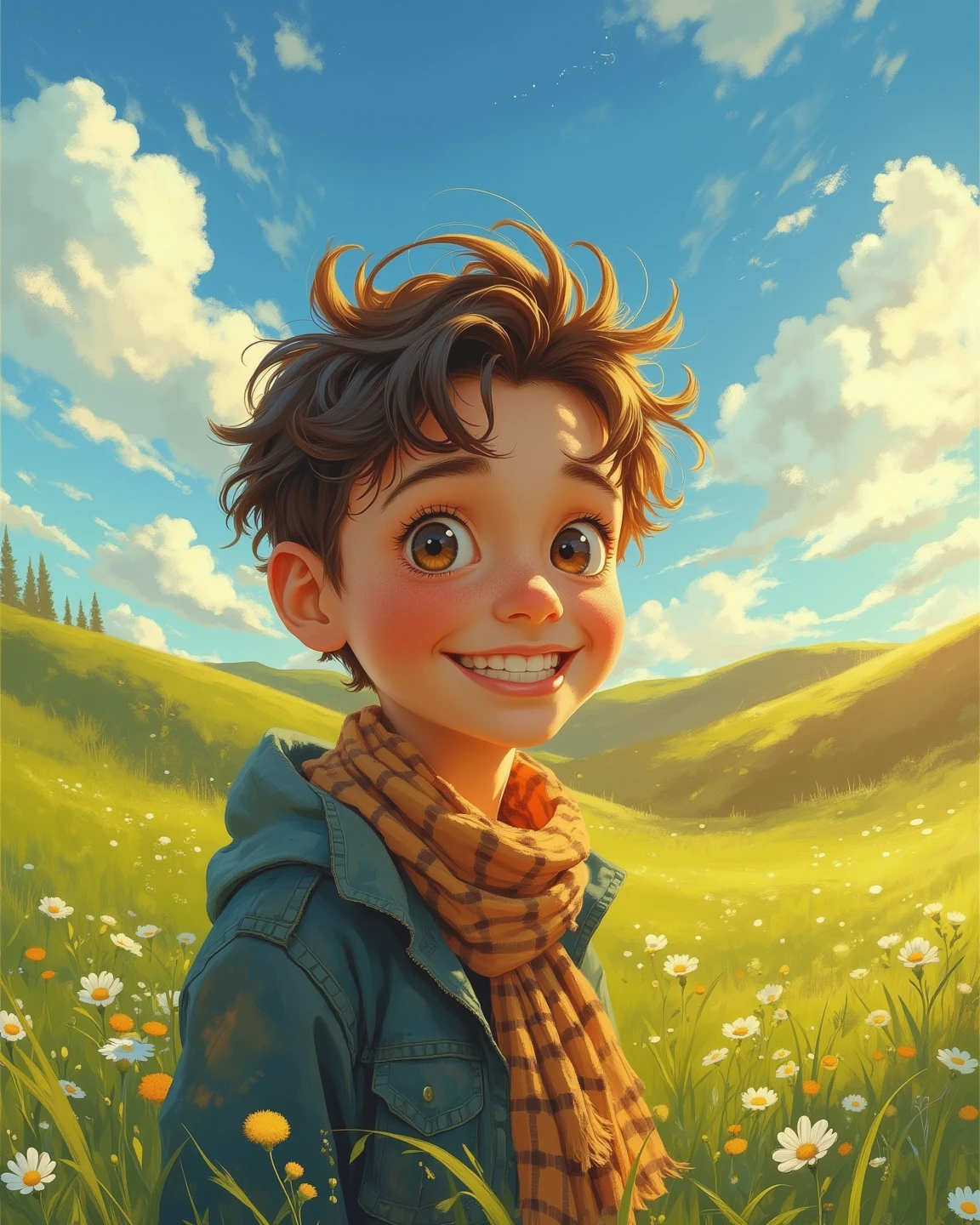 =)a cheerful happy smiling person, detailed facial features, friendly ...