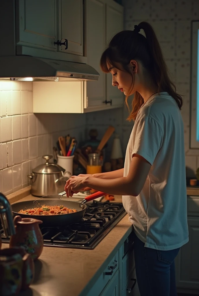 The woman in the kitchen is cooking. At this time, the sound of someone ...