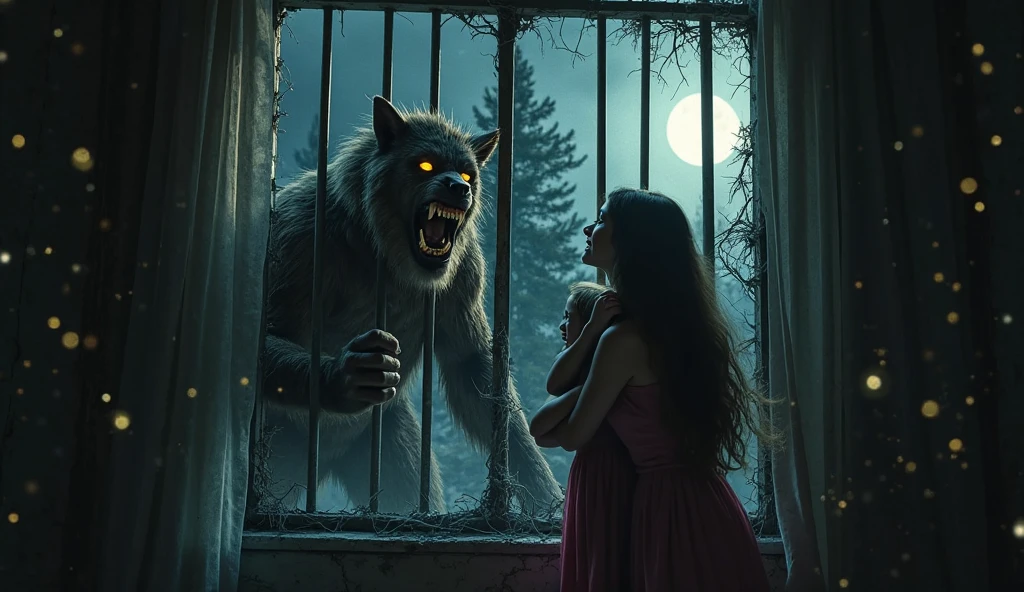 A realistic cinematic horror scene. A half-human werewolf with glowing ...