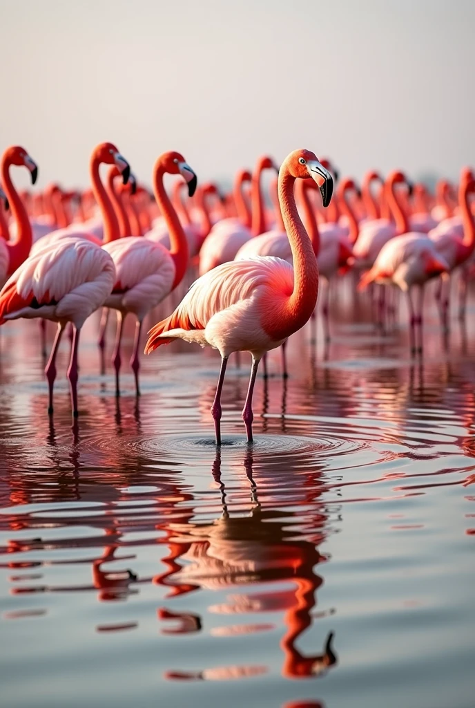 A vibrant gathering of flamingos standing gracefully in shallow water ...