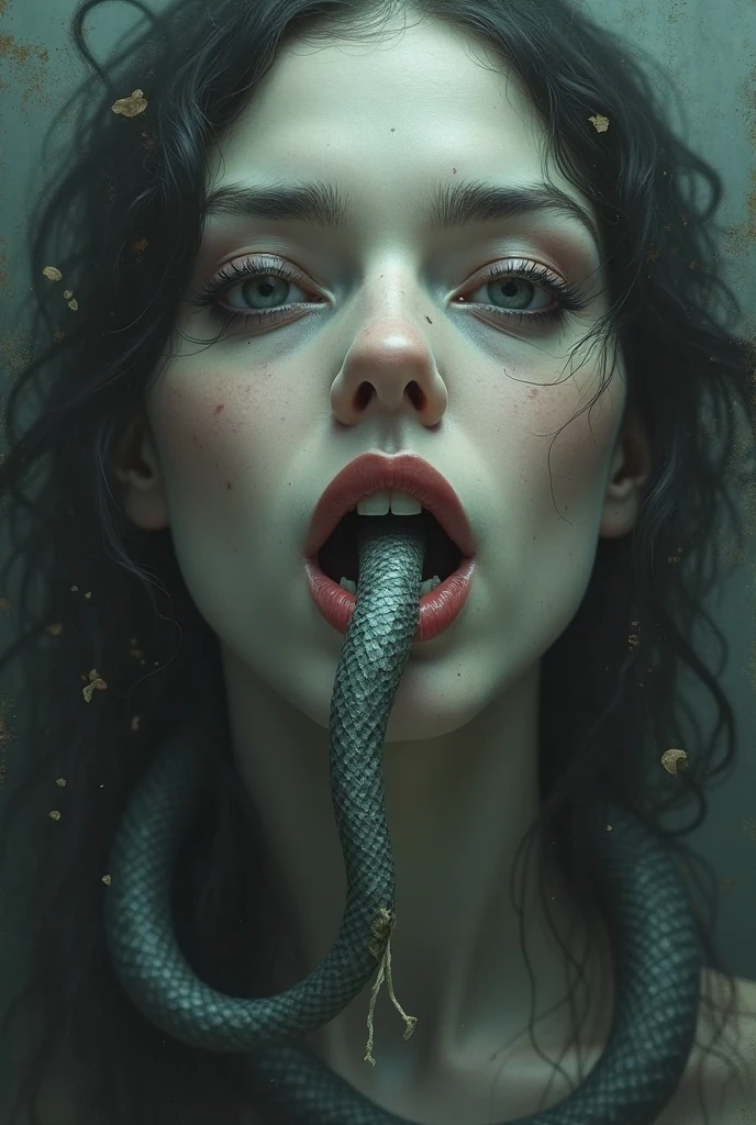 A beautiful woman with a snake slithering out of her mouth, dark ...