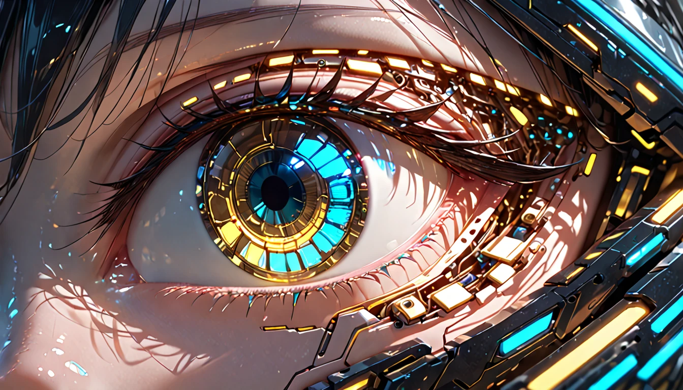 A highly detailed close-up of a cybernetic eye implant, seamlessly ...