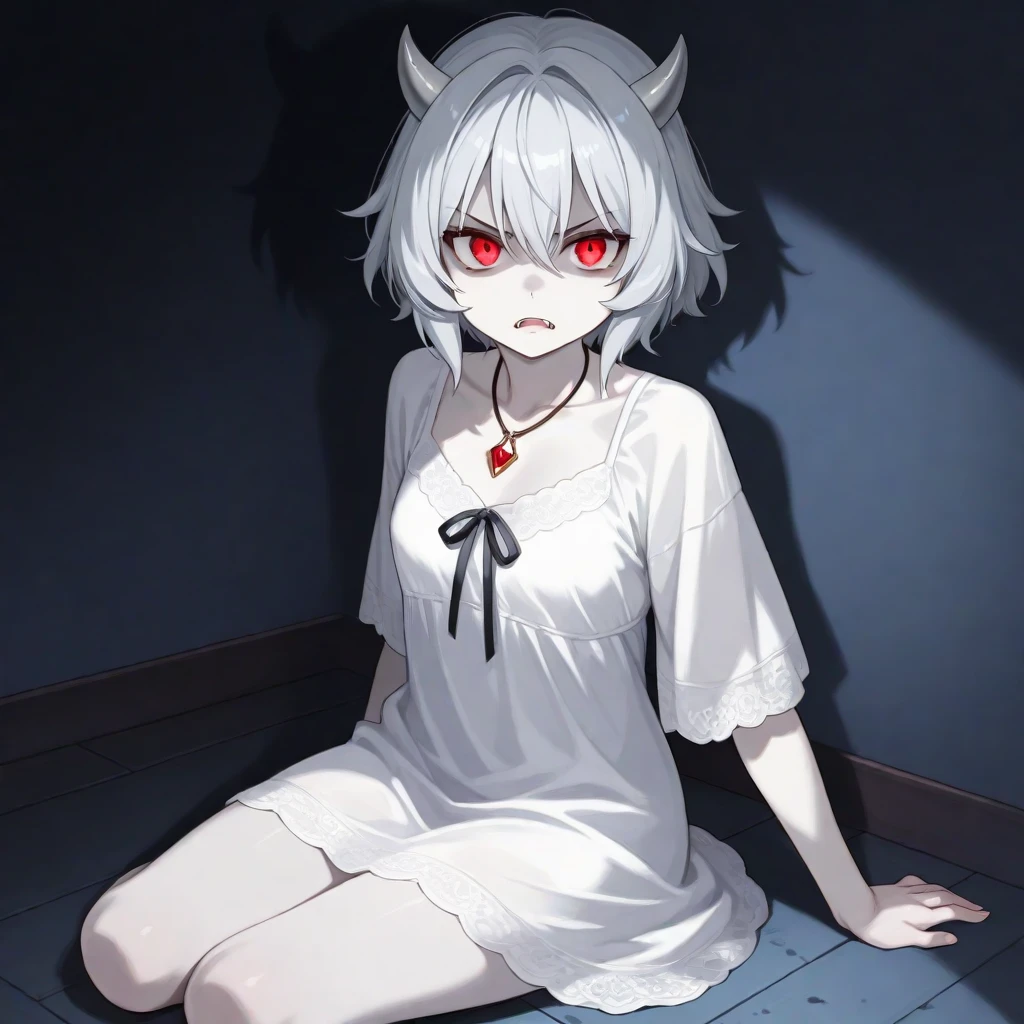 A female demon with small grey horns and complete white pale skin ...