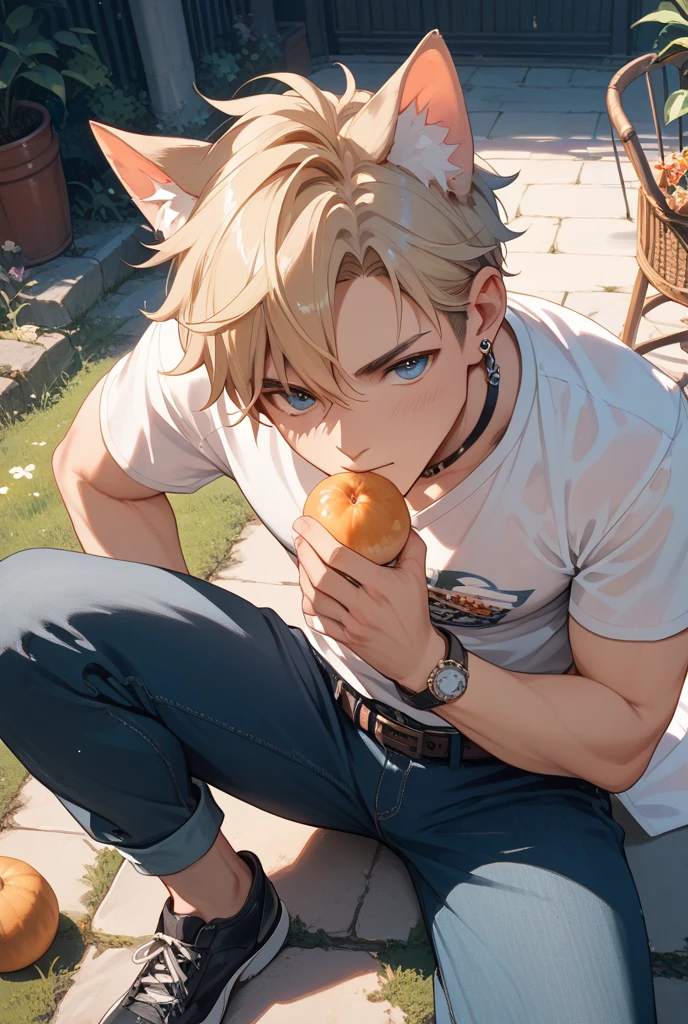 Neutral Male、on the ground、Look at the cat - SeaArt AI