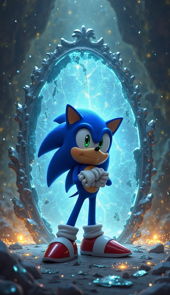 Sonic standing in front of a cracked magical mirror, smiling ...