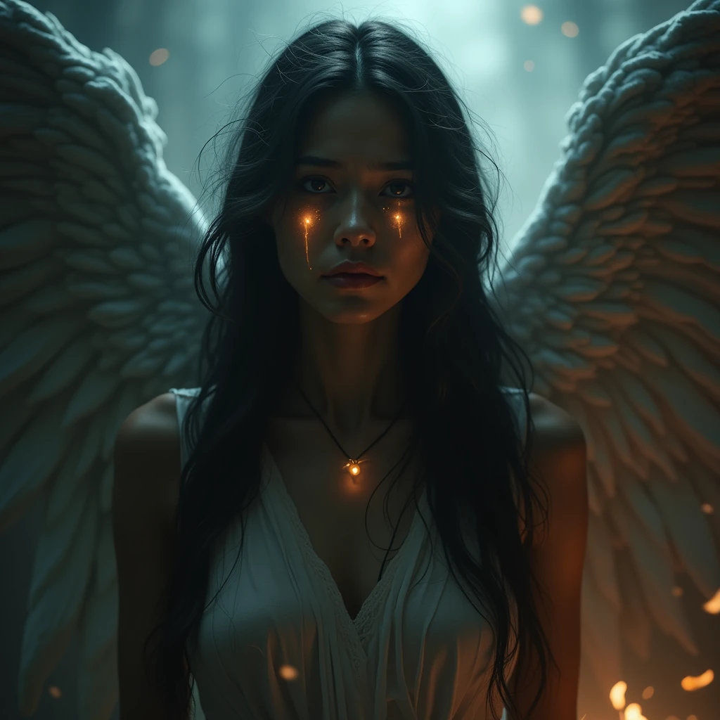 Fallen angel style woman, ash particles floating, emotional face with ...
