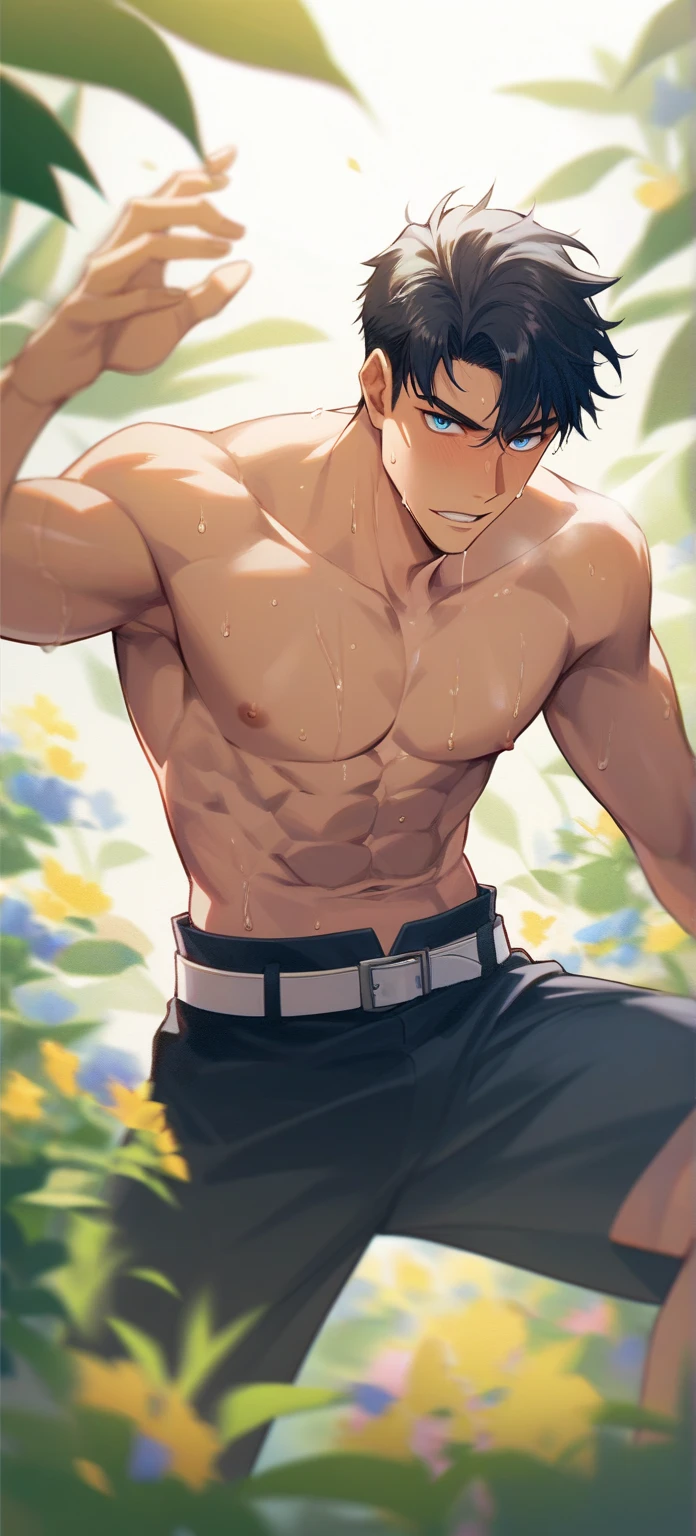 A striking anime boy with messy black hair, pierching,blue eyes - SeaArt AI