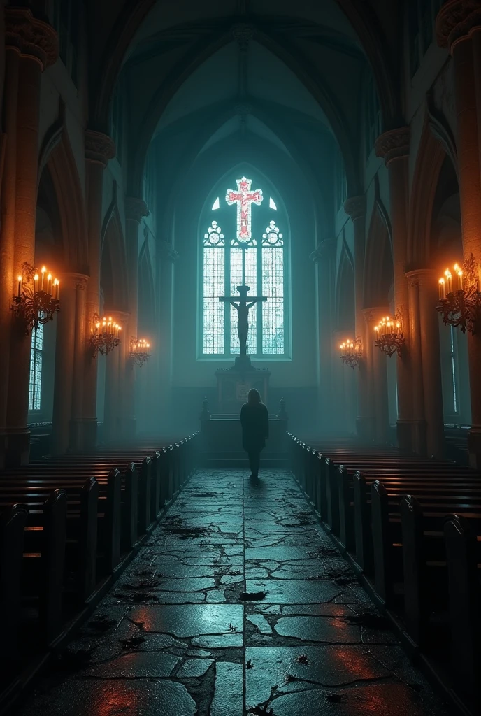 Abandoned gothic church interior at night, dim candlelight casting ...