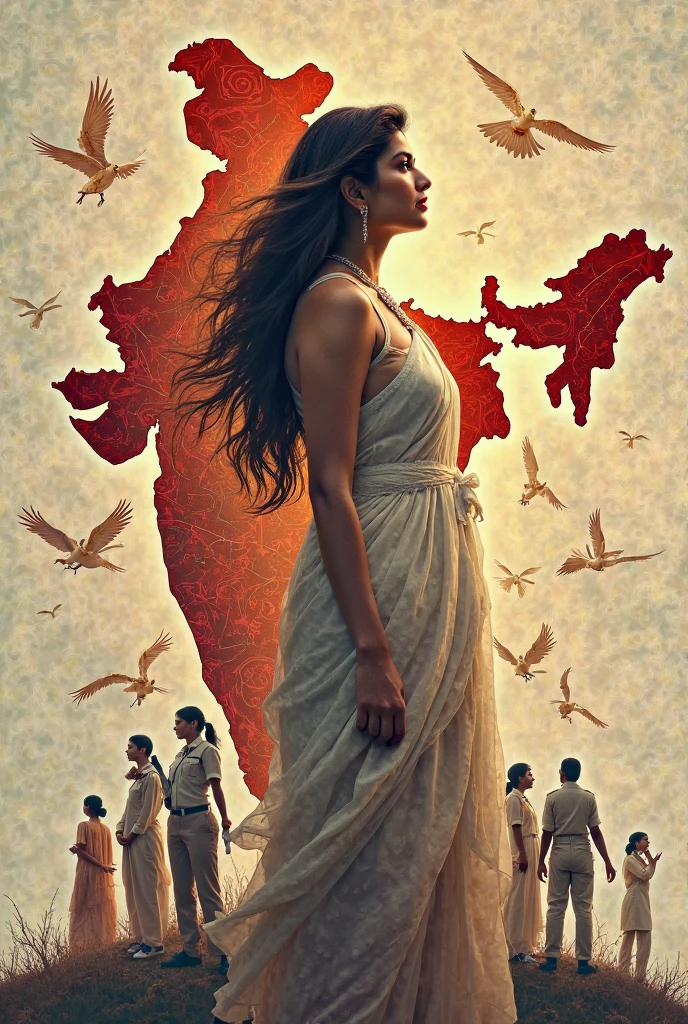 In a potrait background Indian map with borders showing a women ...