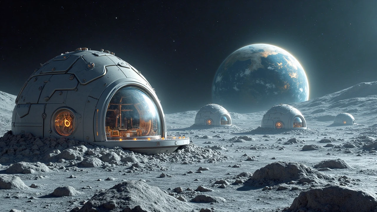 A hyper-realistic cinematic illustration of a distant space colony on ...
