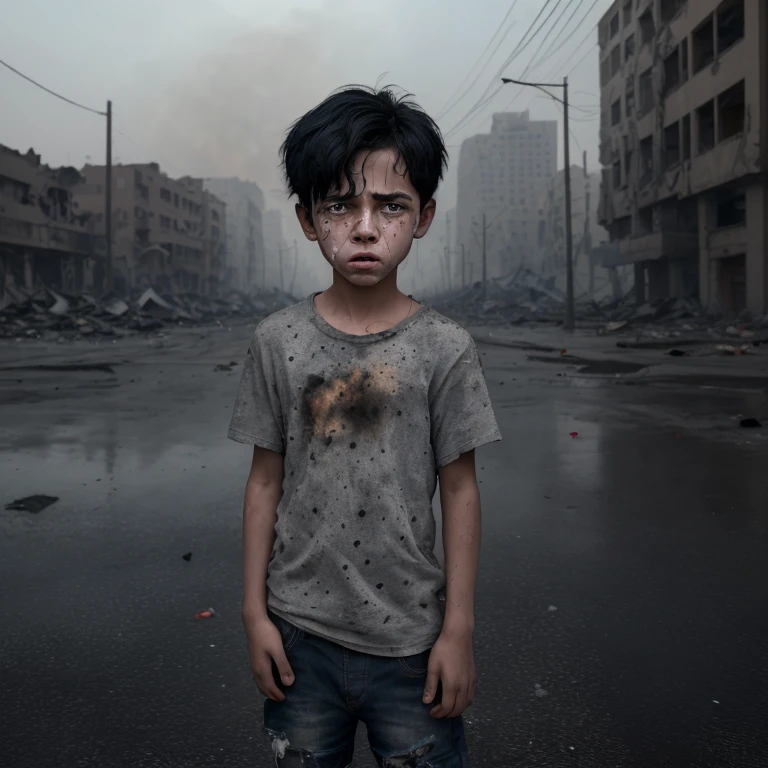 "A boy crying in the middle of a city, The boy hair is soft black ...