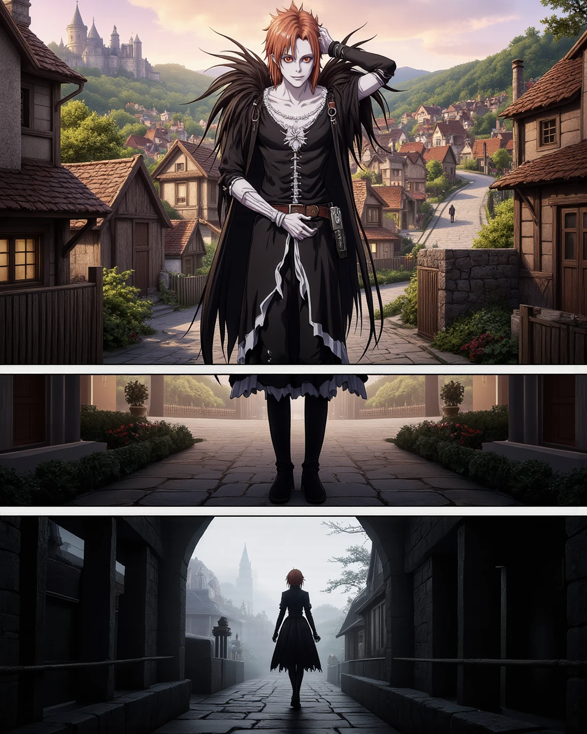 A split pannel comic, done in a realistic 3D rendered image of Ryuk ...