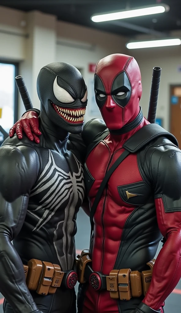 Venom and Deadpool appear smiling together, with a friendly pose ...