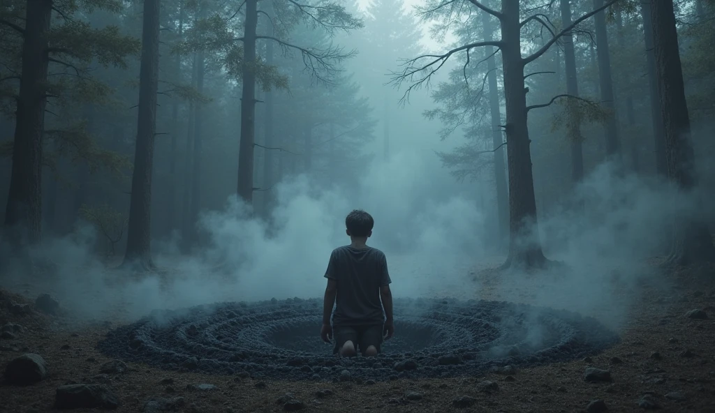 A wide ash circle in a forest, with a lone boy kneeling inside - SeaArt AI