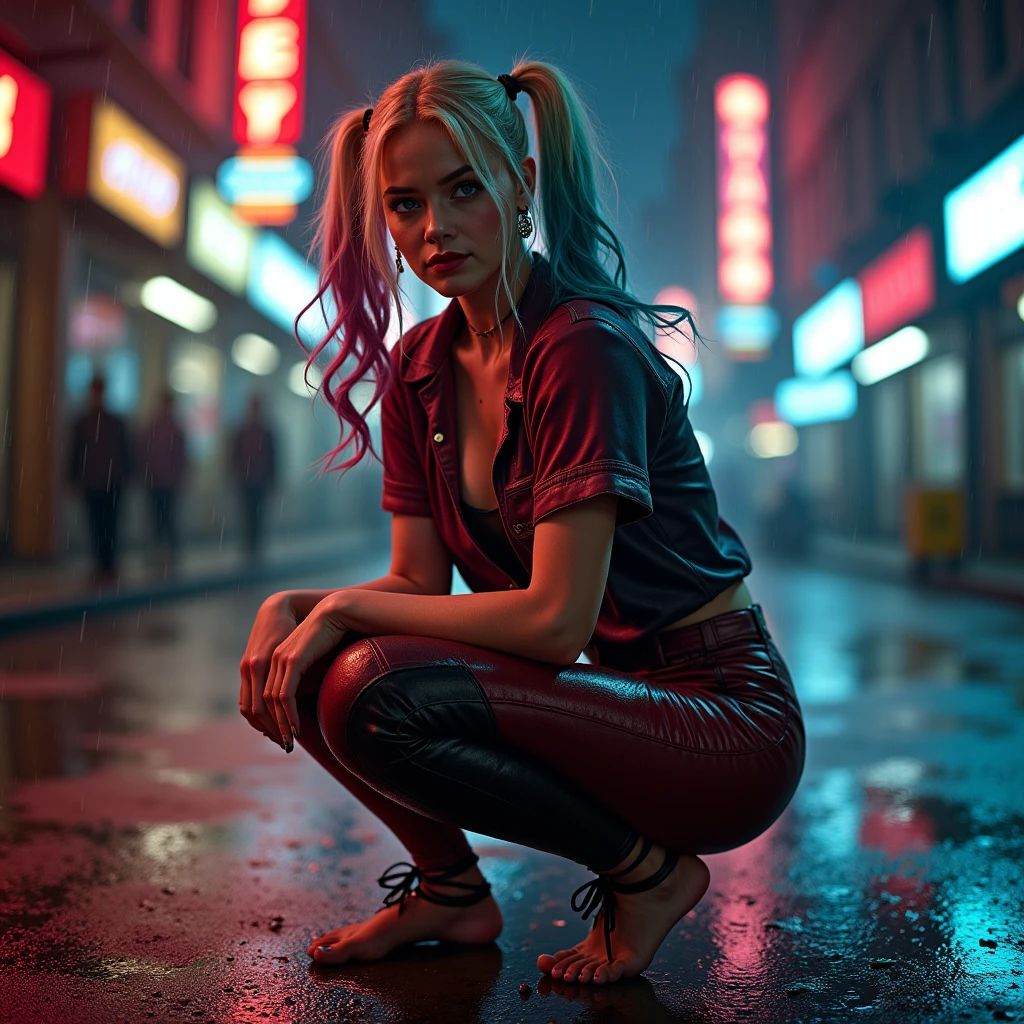 Cinematic portrait of Margot Robbie as Harley Quinn, wearing her iconic ...