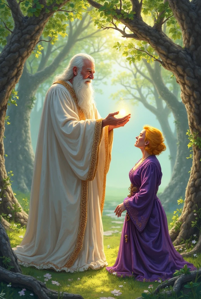 Draw a good wizard in white clothes, who blesses his messenger - SeaArt AI