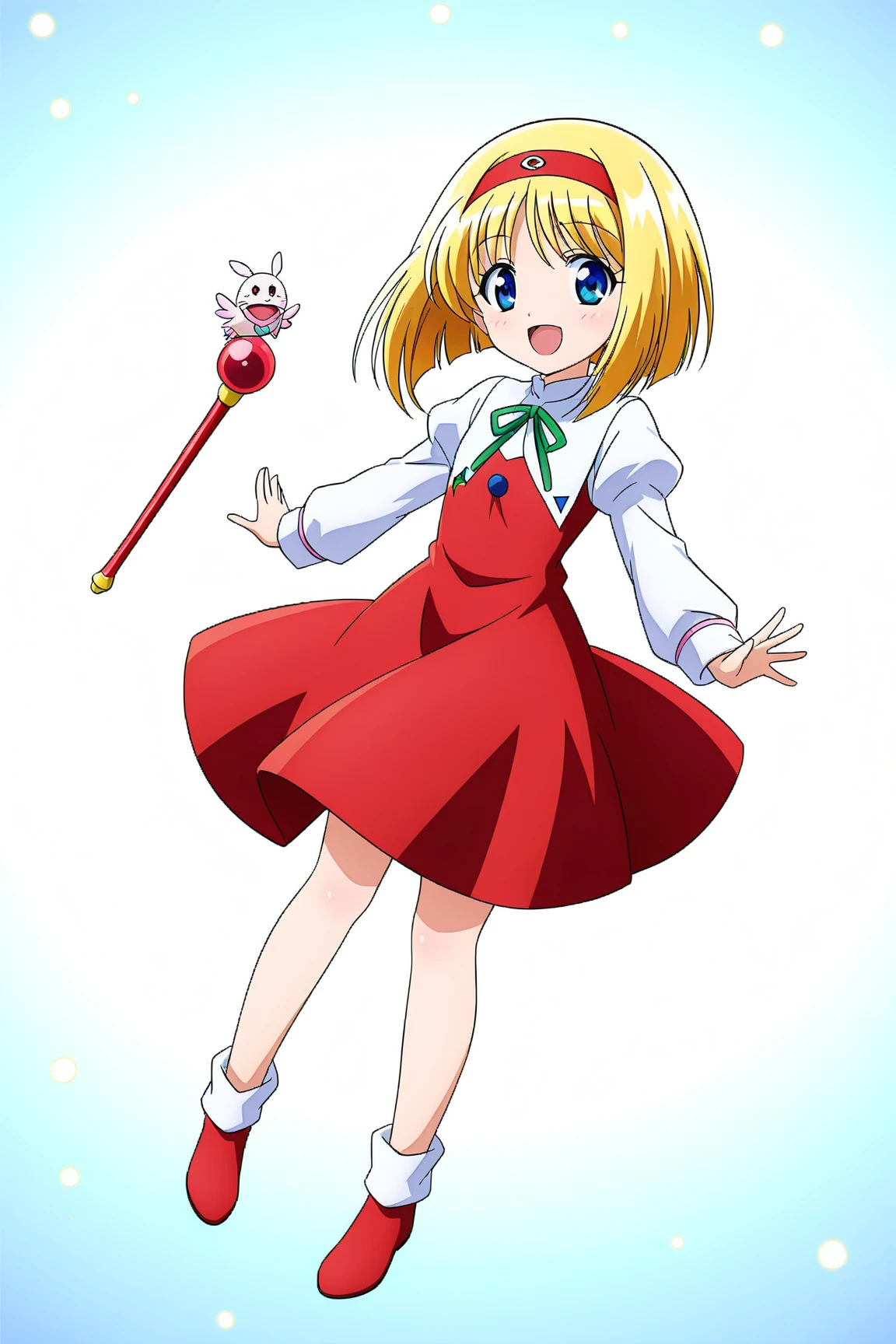 Smile, short straight blond hair with a red headband, Have、wearing a ...