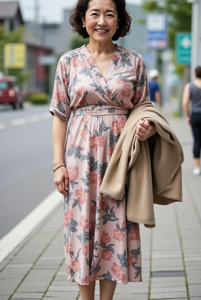 46-year-old Tohoku aunt waiting for the bus on the side of the ロード ...
