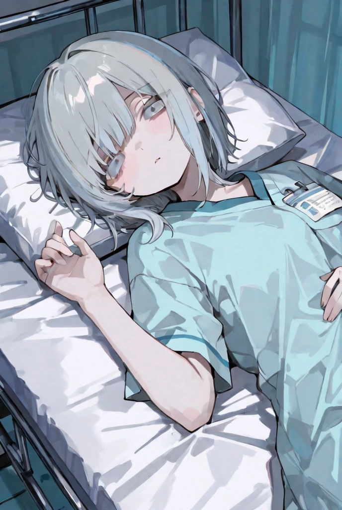 Cute girl with gray hair and light blue eyes。Sick and weak、lying in a ...