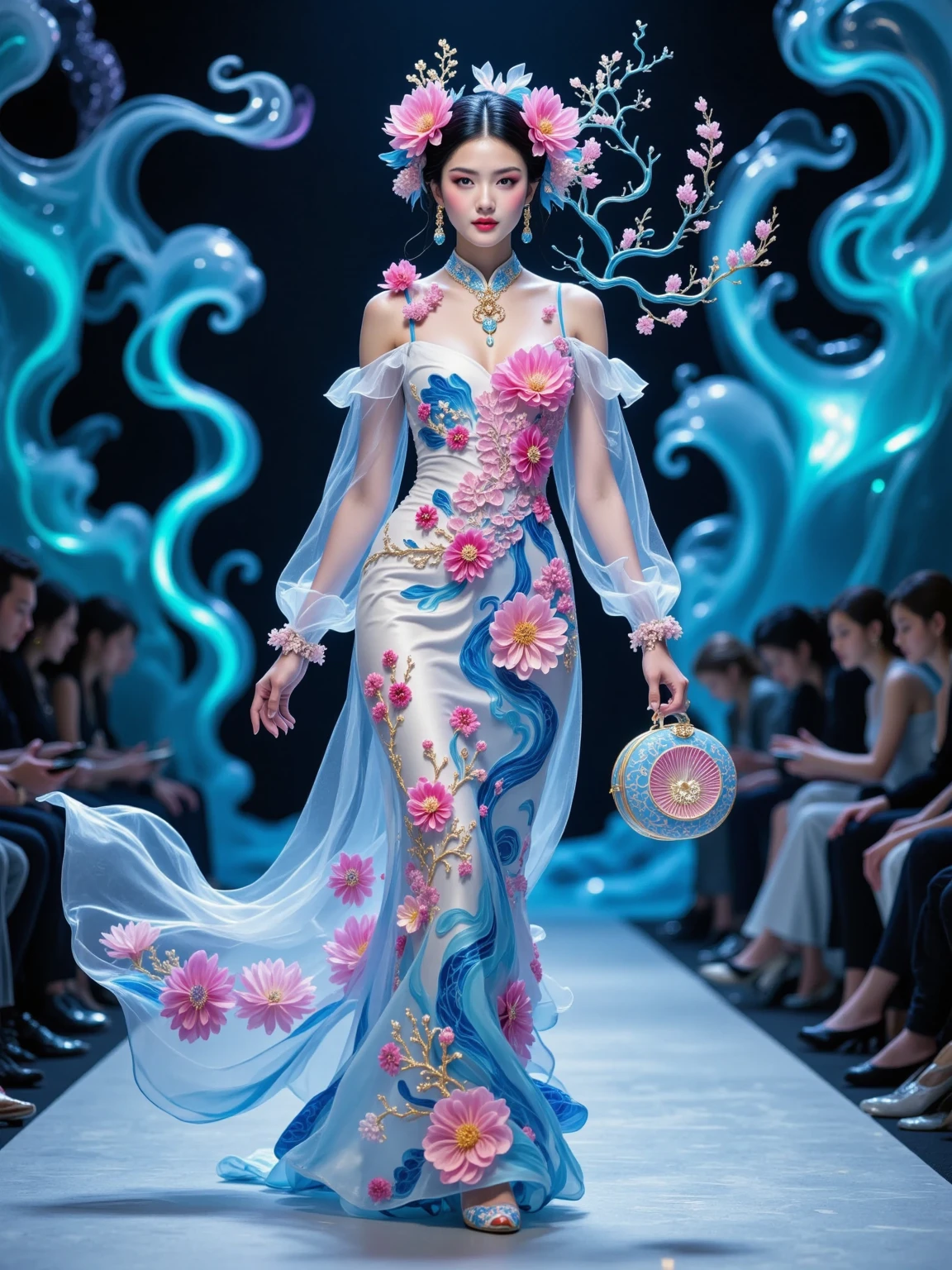 On the catwalk of Paris Fashion Week, a supermodel is walking towards ...