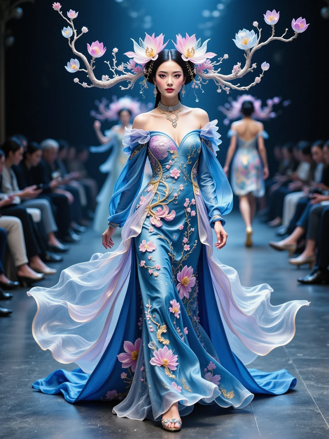 On the catwalk of Paris Fashion Week, a supermodel is walking towards ...