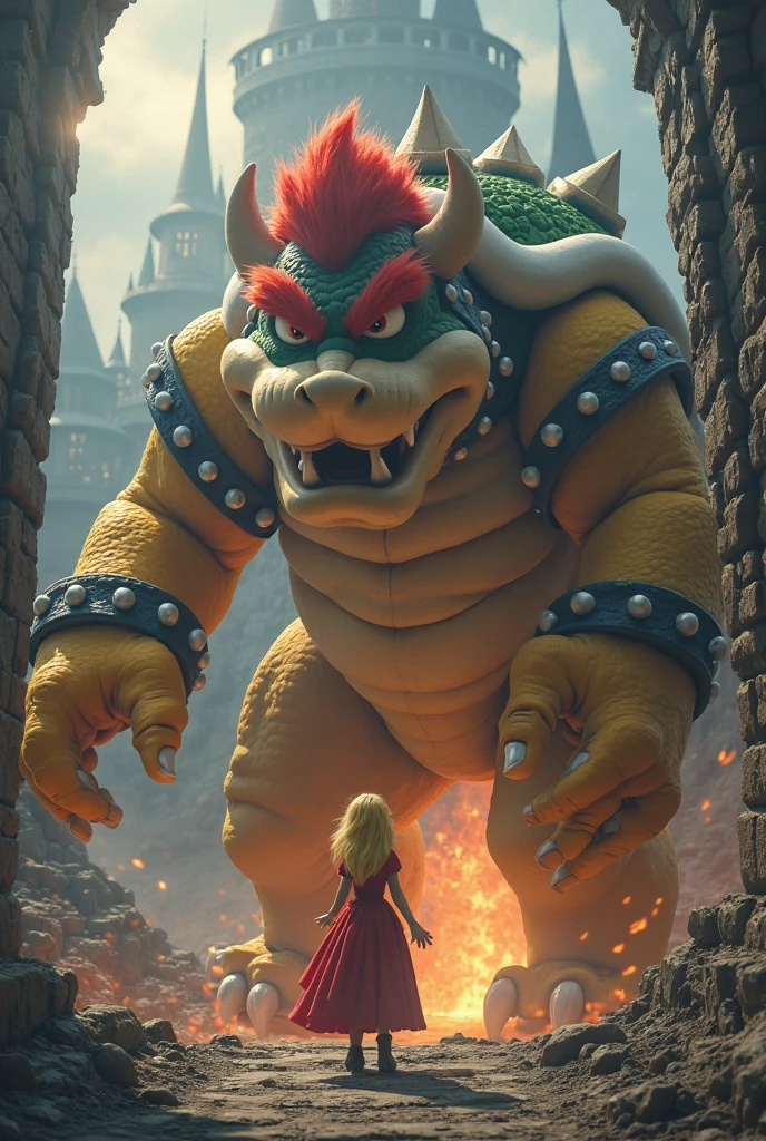 Bowser's castle with Bowser in the background holding scared Peach in ...
