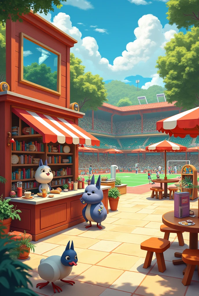 Create the snack bar in the same cartoon style, library and sports ...