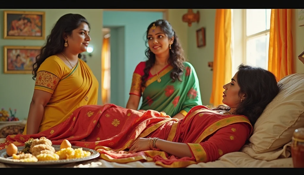 A woman in a red sari with yellow borders is lying on a bed, surrounded ...