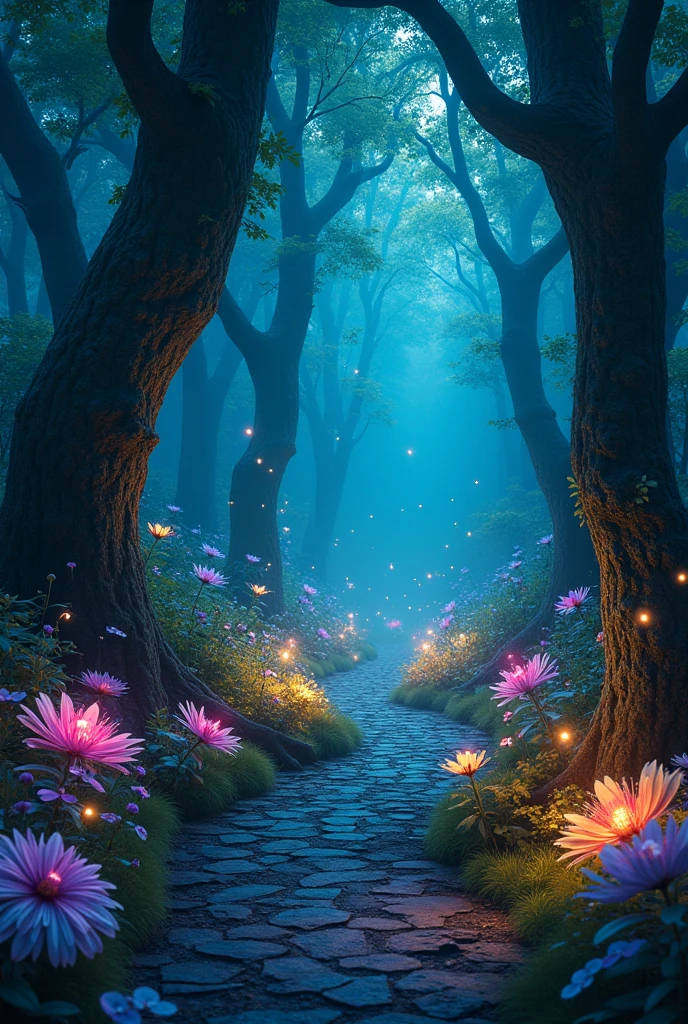 Magical Forest path lined with beautiful glowing flowers and ...