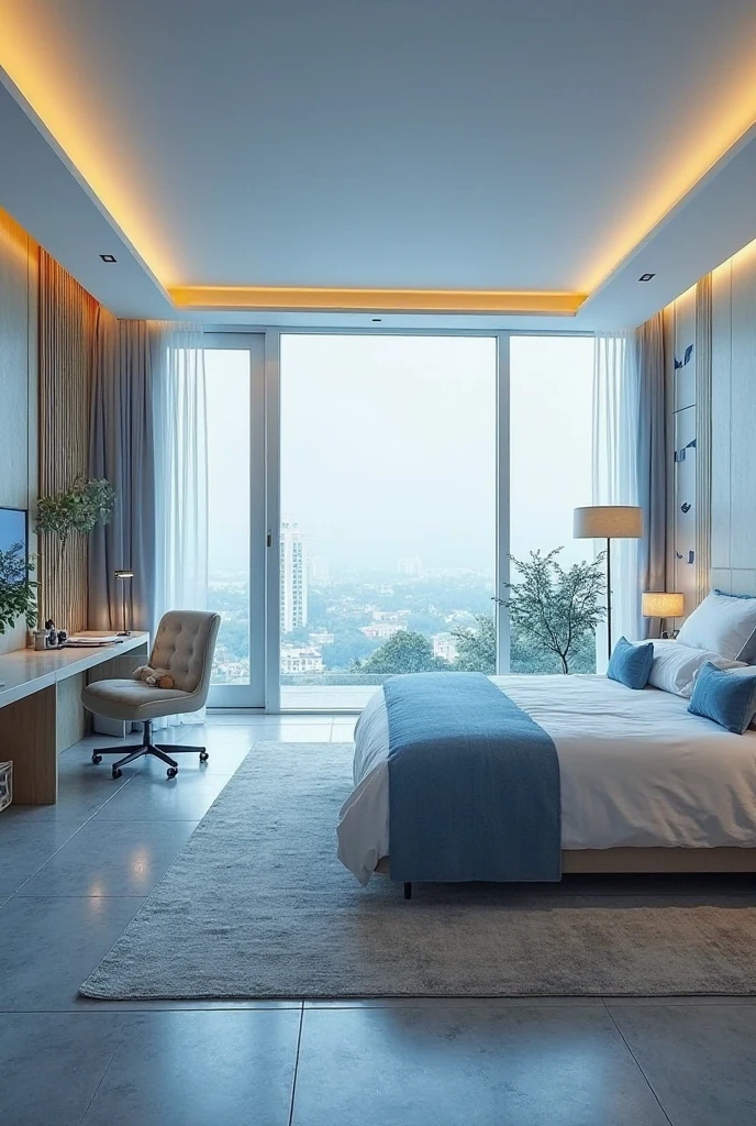 Realistic 1 image of a modern hotel bedroom with colors blue and white ...