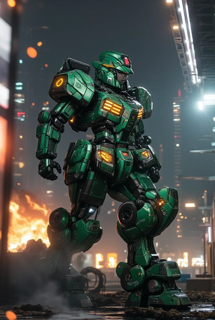 Green armored mech, futuristic design, angular and sleek with glowing ...