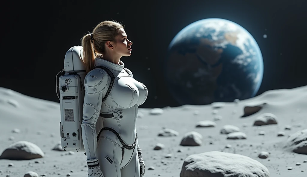 woman in a tight high-tech space suit standing on the moon - SeaArt AI