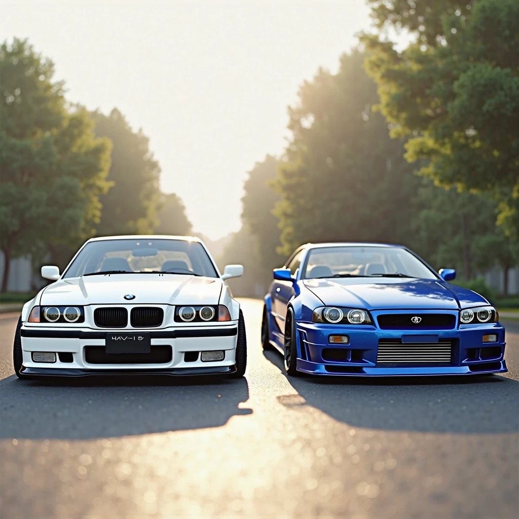 A bright outdoor scene featuring two iconic cars: a white BMW E36 and a ...