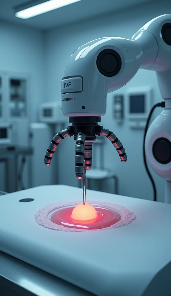 A futuristic IVF laboratory where an automated robotic arm performs an ...