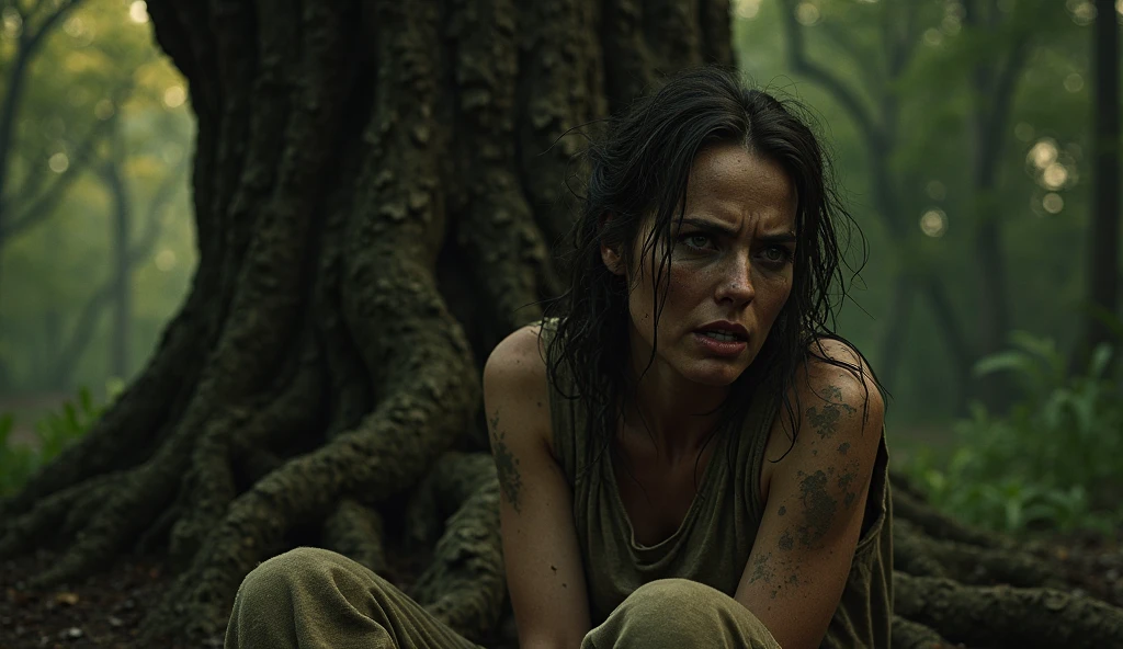 A hyper-realistic, cinematic horror scene captured at night, deep ...