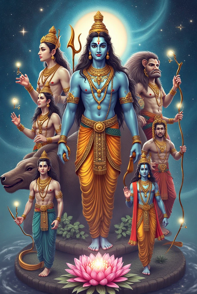 All avatars of lord Vishnu in one frame different body - SeaArt AI