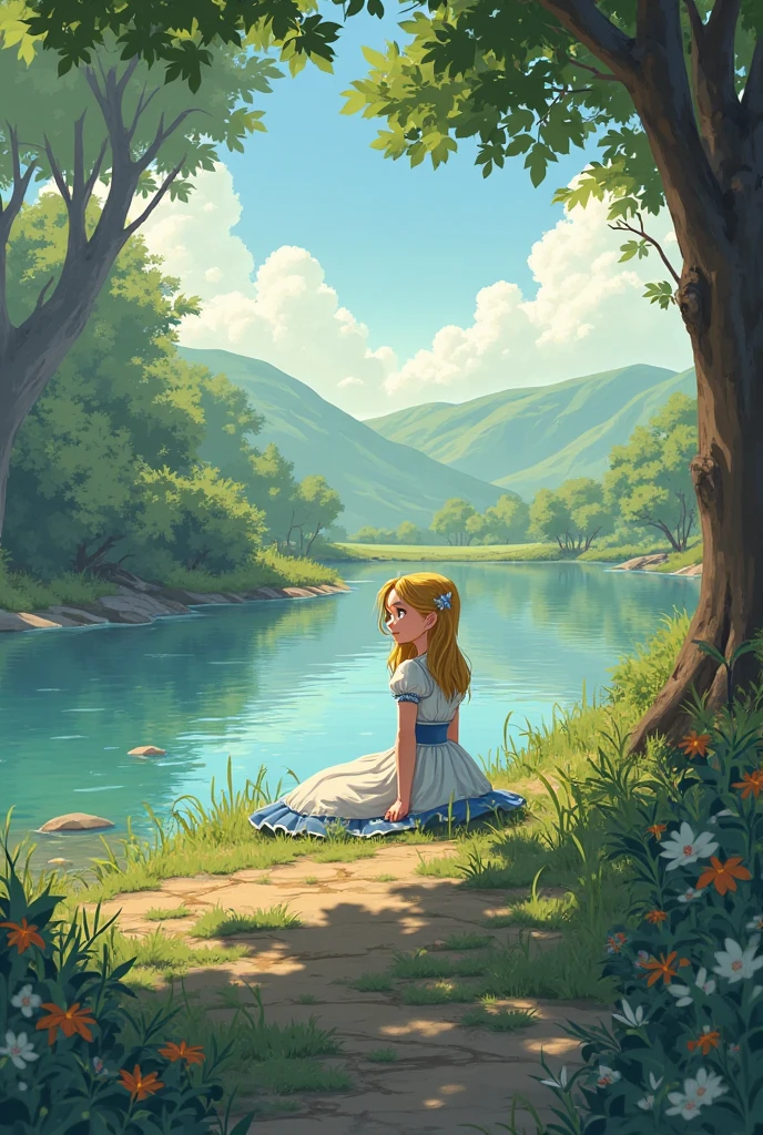 Animation of Alice bored by the river with her sister - SeaArt AI
