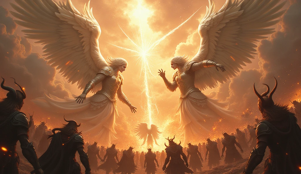 "An epic battle between angels and demons in the heavens, with fire and ...