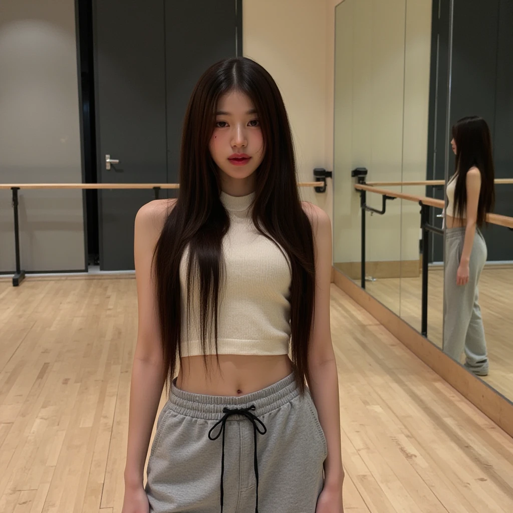 IMG_7249.CR2: young woman with black hair, on a dance pratice room - SeaArt AI