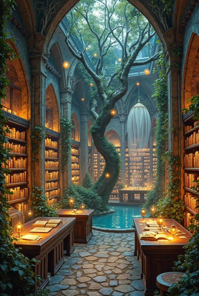 An elven library inside a woodland palace — tall, arched ceilings with ...