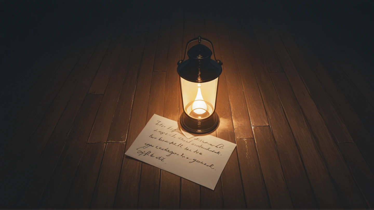 An open envelope lies on a wooden floor under dim, flickering lantern ...