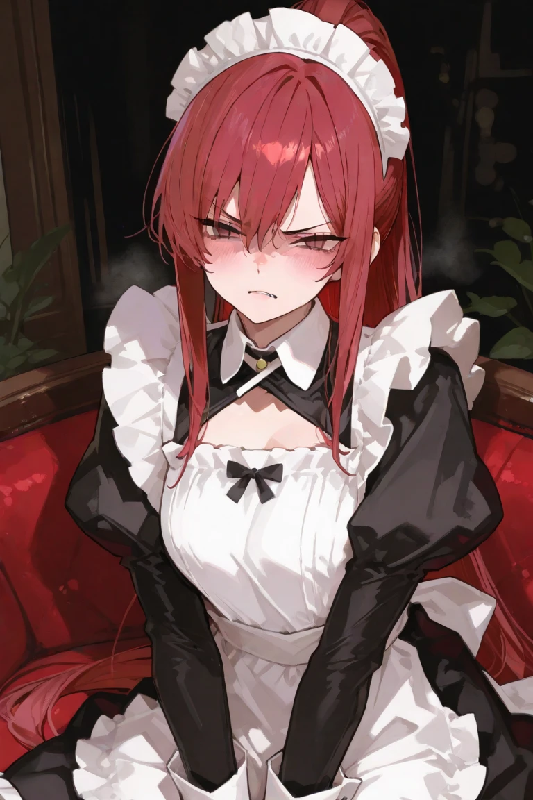 Red hair long ponytail maid outfit smile scowl the person - SeaArt AI