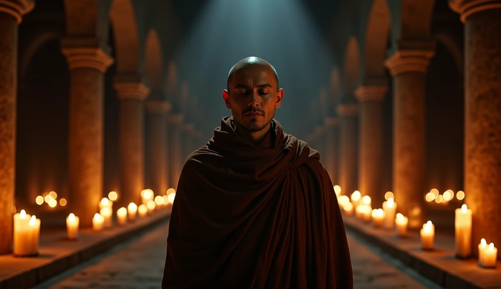 "A monk with closed lips in a dark monastery, candlelight illuminating ...