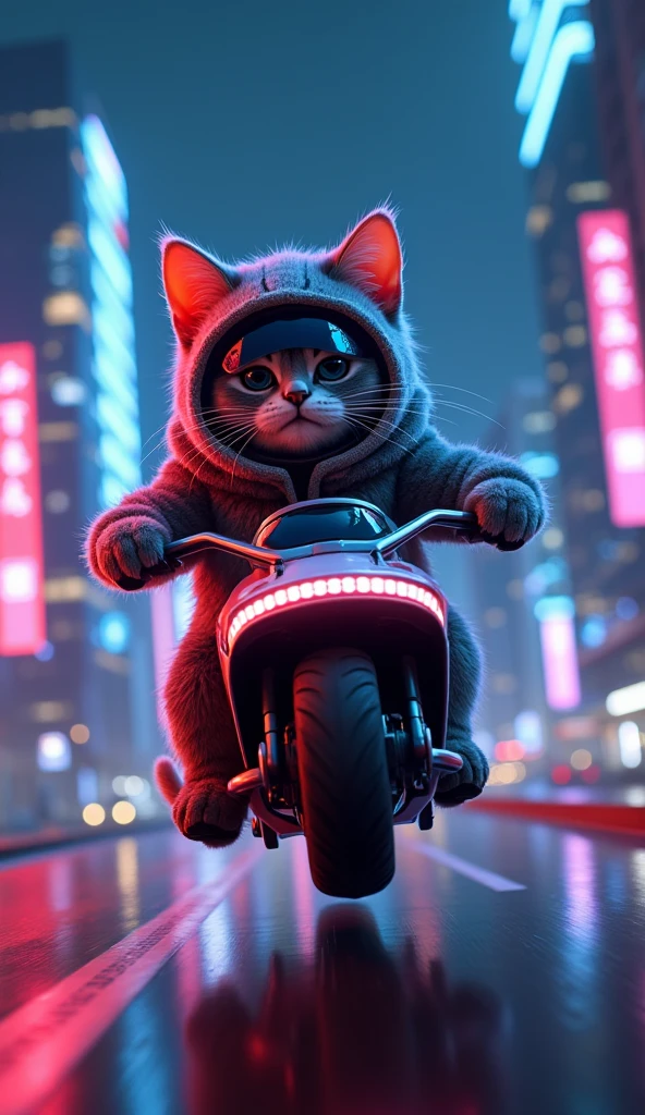 A chubby cyber-cat with neon whiskers rides a futuristic hoverbike ...