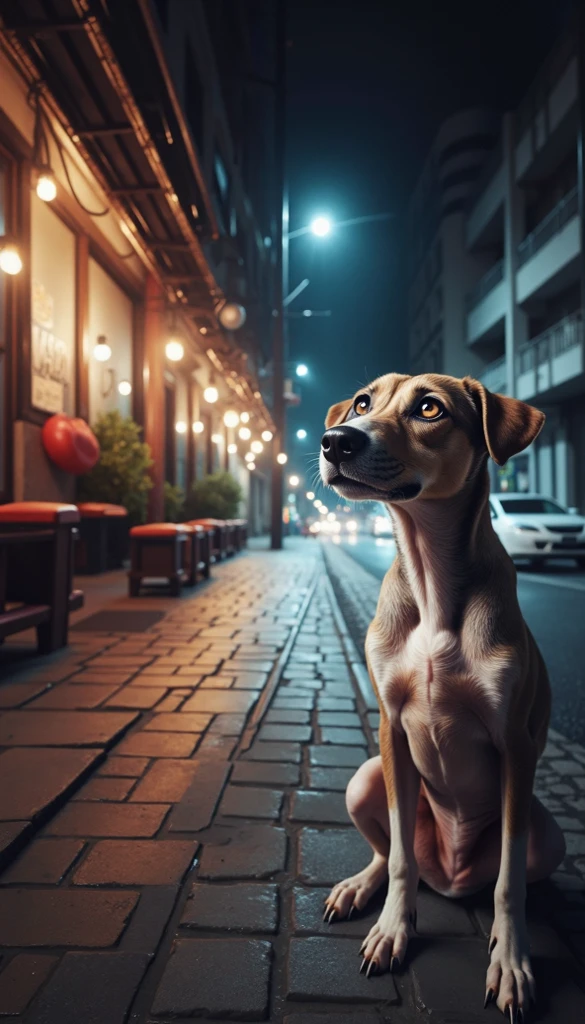 A small, scared puppy sitting alone on a rainy street, looking helpless ...