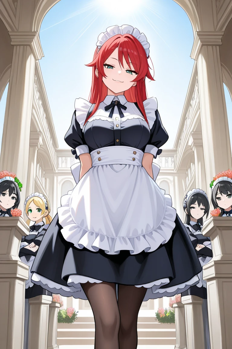 Three anime-style maids standing in front of a luxurious estate garden ...